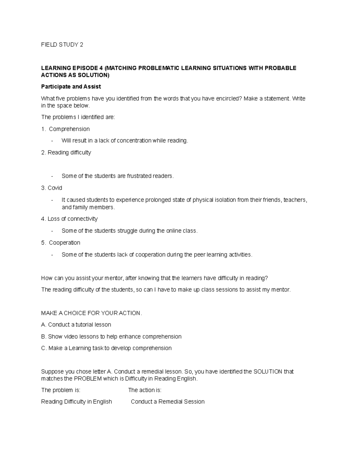 Balquin, Crystal May D. FS2 learning episode 4-6 - FIELD STUDY 2 LEARNING EPISODE 4 (MATCHING ...