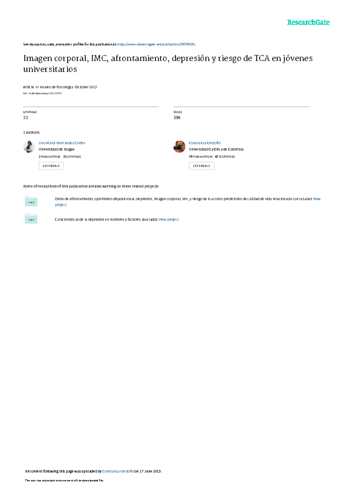 Imagen corporal, IMC, afrontamiento, depresión y riesgo de TCA - See ...