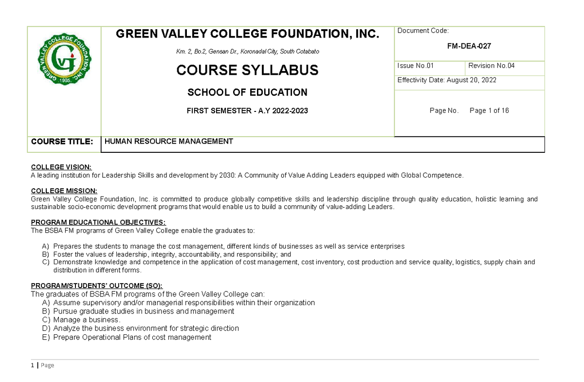 Human Resource Management Syllabus - GREEN VALLEY COLLEGE FOUNDATION ...