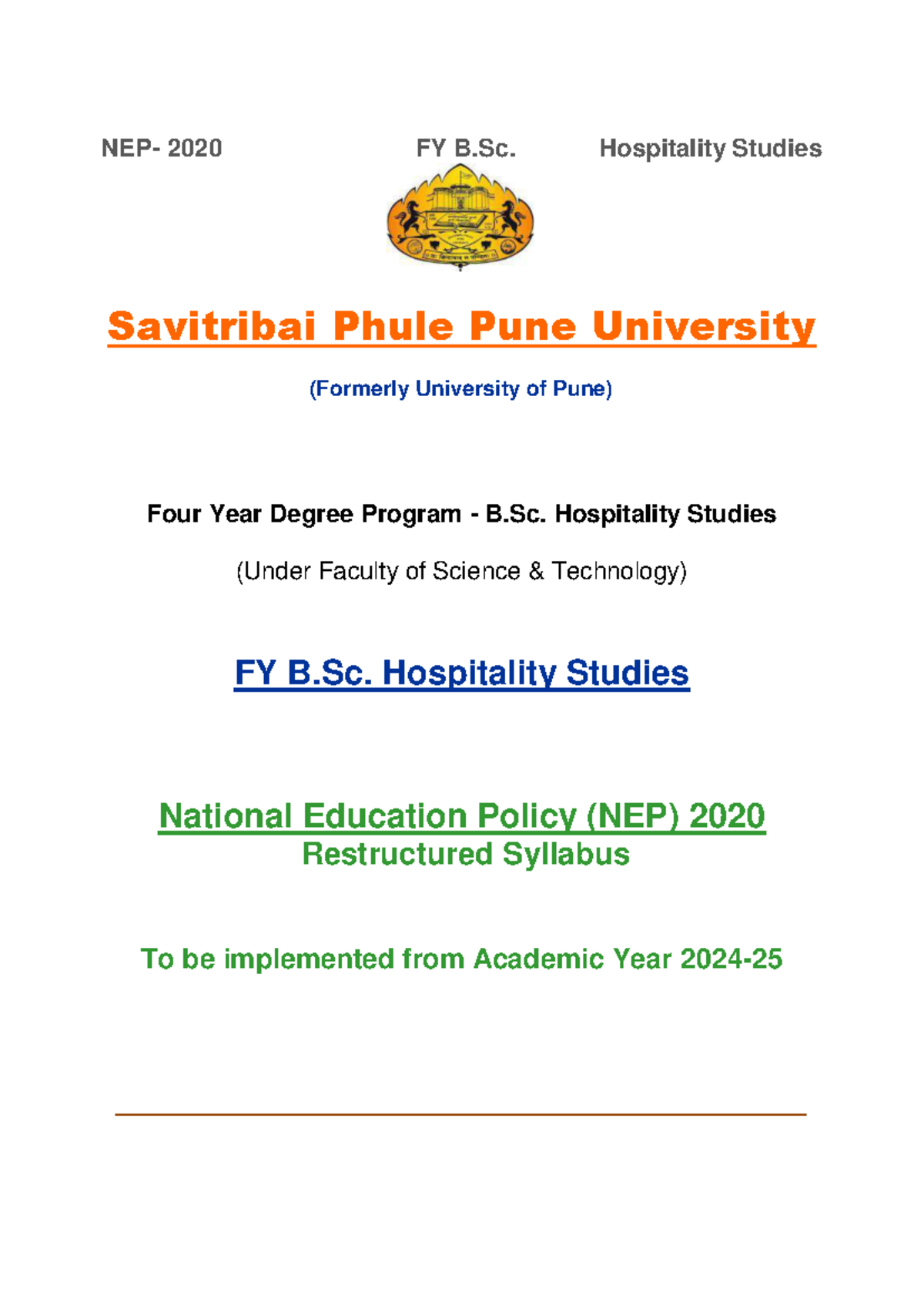NEP 2020 B.Sc. (Hospitality Studies) Syllabus - NEP- 2020 FY B ...