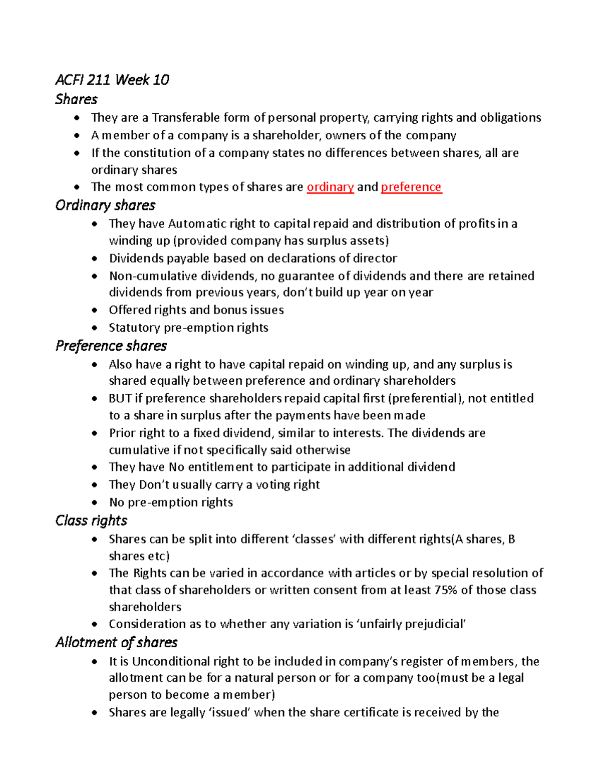 ACFI 211 Week 10 lecture notes - ACFI 211 Week 10 Shares They are a ...
