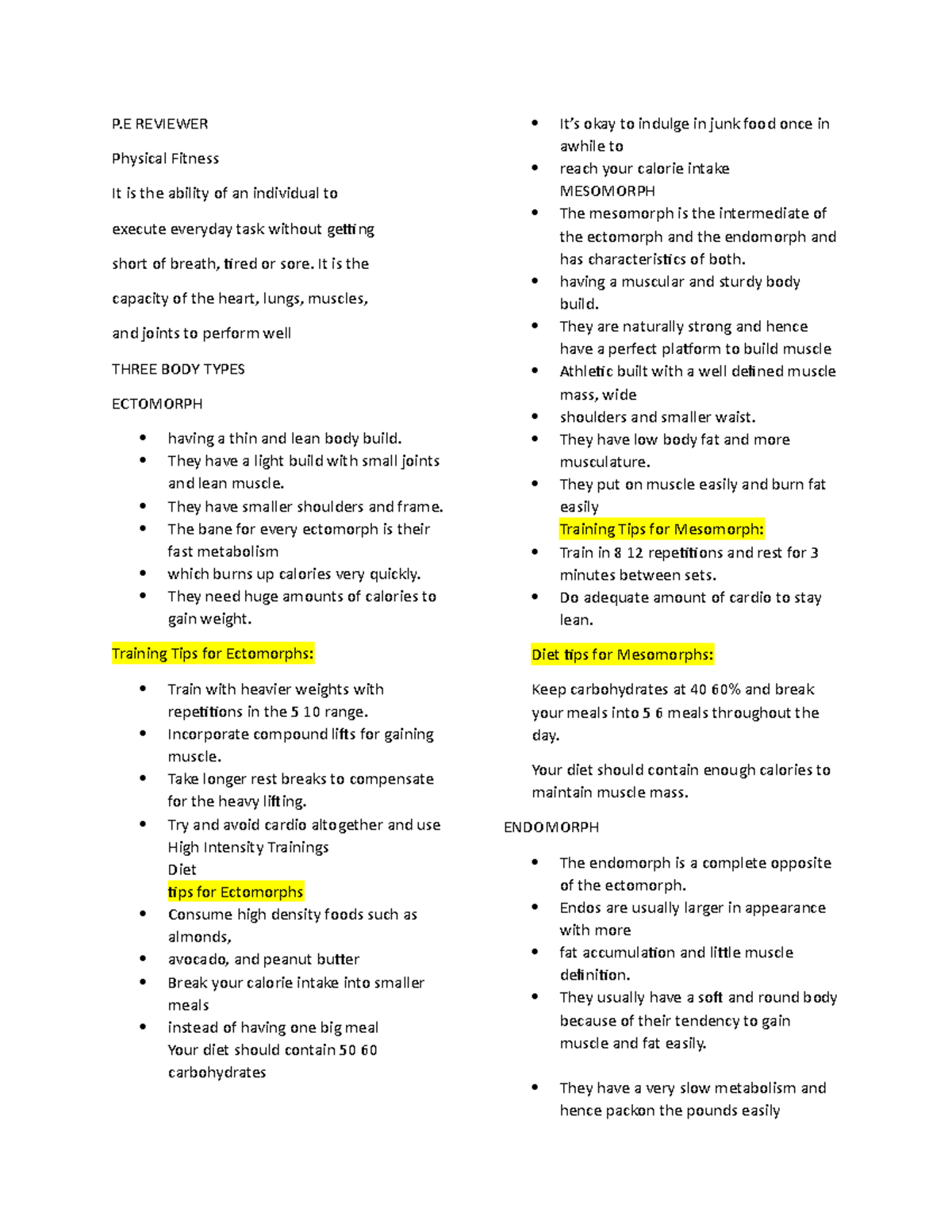 PE Reviiewer - Physical Fitness, the three body composition. It also ...