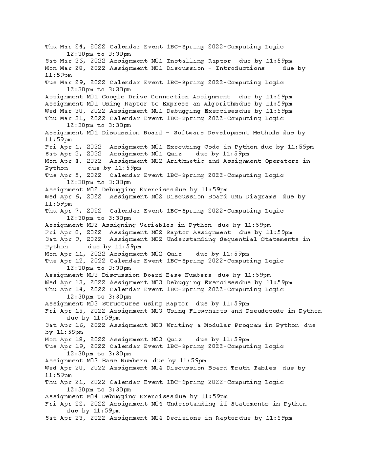 SDEV Assignments - rrere - Thu Mar 24, 2022 Calendar Event 1BC-Spring ...