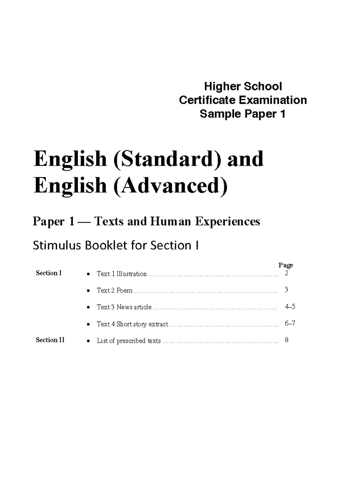 HSC English Standard Advanced Paper 1 Stimulus Booklet 1 - Higher ...