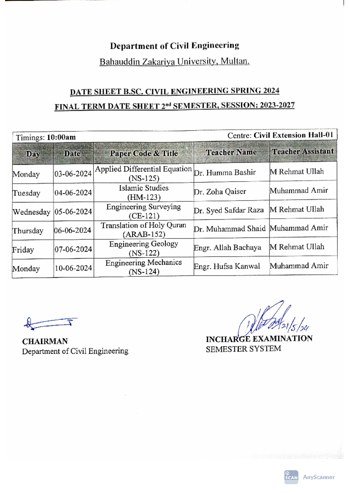 Date Sheet Spring 2024 - civil engineering - Studocu