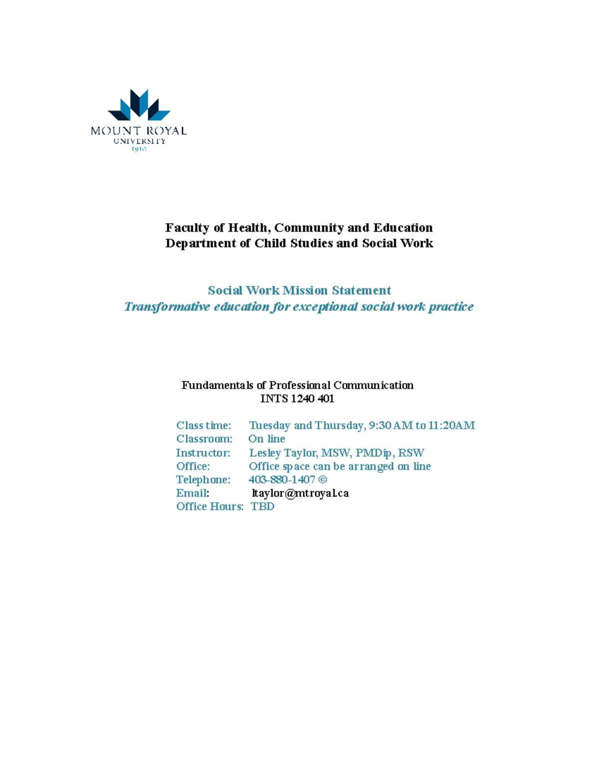 INTS 1240 Tutorial Course Outline - Spring 2022(1) - Faculty of Health ...