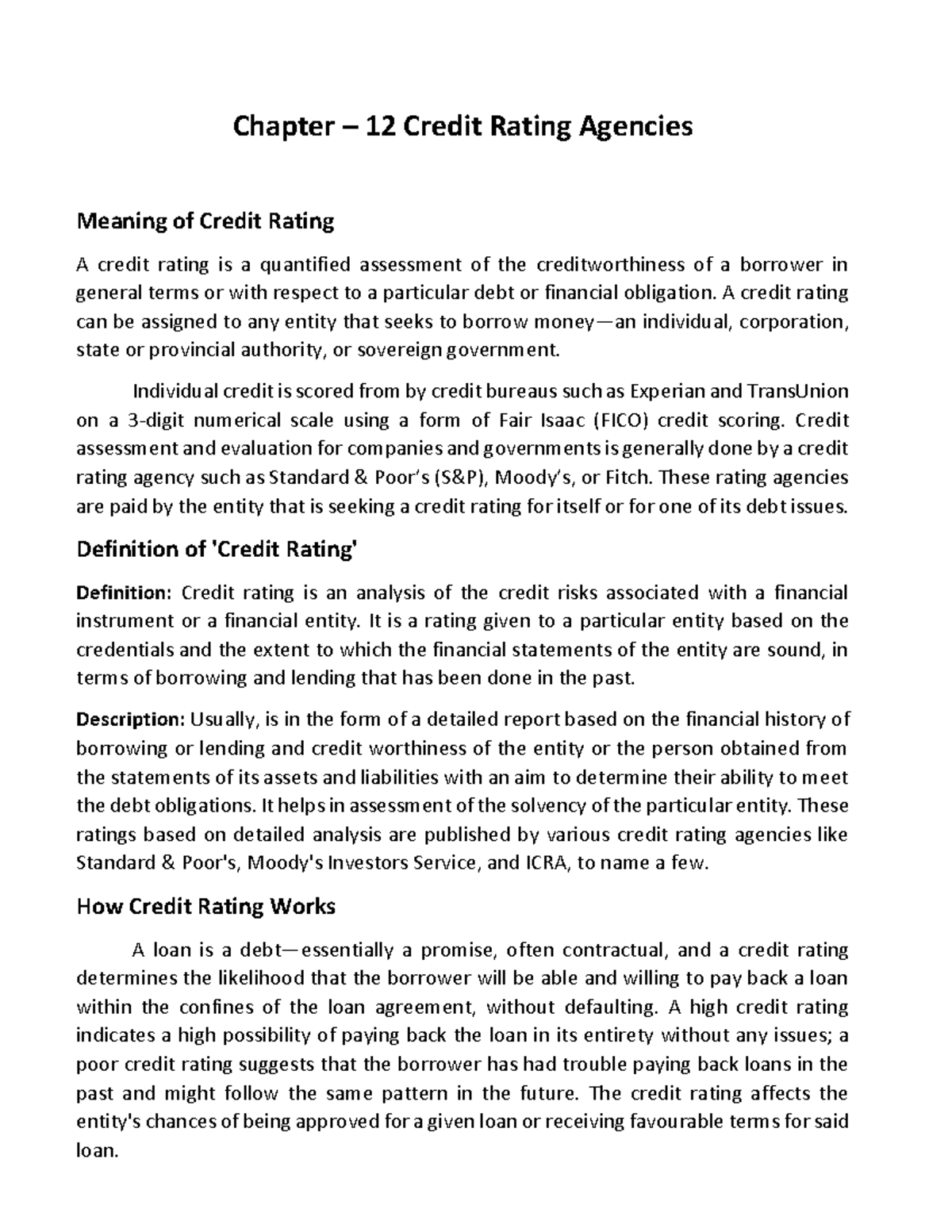 Credit Rating Agencies Chapter 12 Credit Rating Agencies Meaning Of