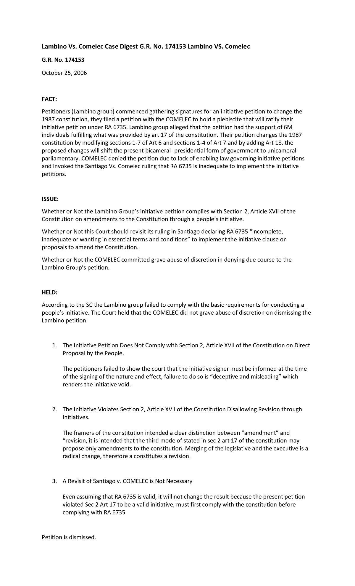 Lambino v Comelec-GRNO 174153 - Lambino Vs. Comelec Case Digest G. No ...