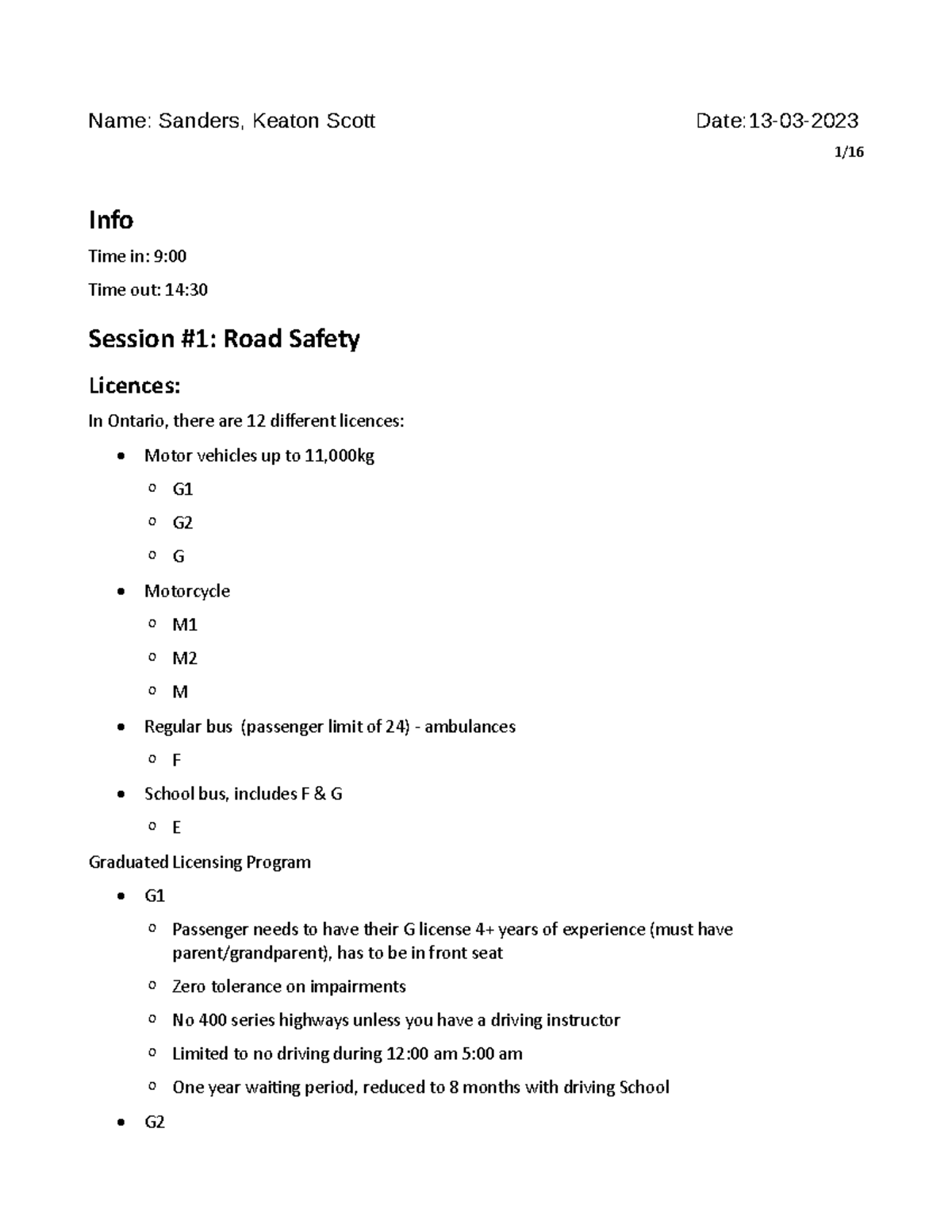 All Star Driving School Notes - 1 / 16 Info Time in: 9: Time out: 14 ...