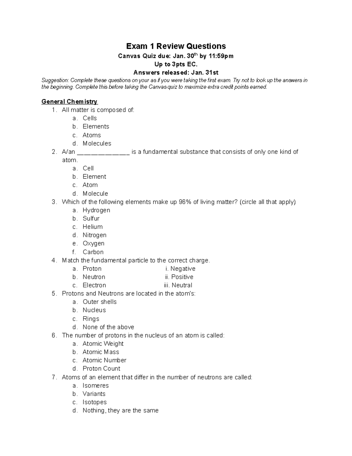 Exam 1 Review Questions - Exam 1 Review Questions Canvas Quiz due: Jan ...