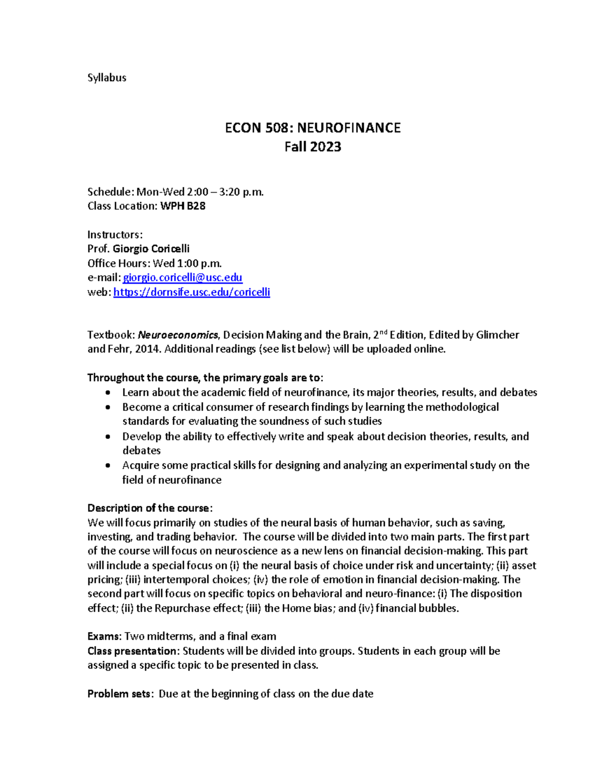 Syllabus ECON508 Fall 2023 - Syllabus ECON 508: NEUROFINANCE Fall 2023 ...