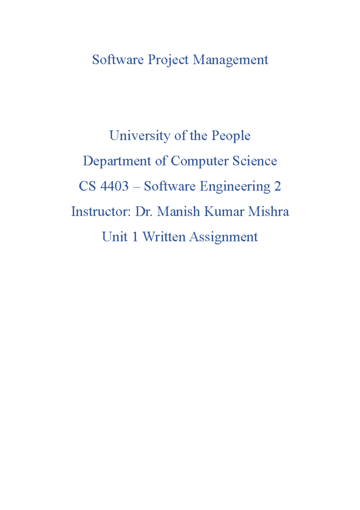 Programming Assignment Unit 1 - Software Project Management University ...