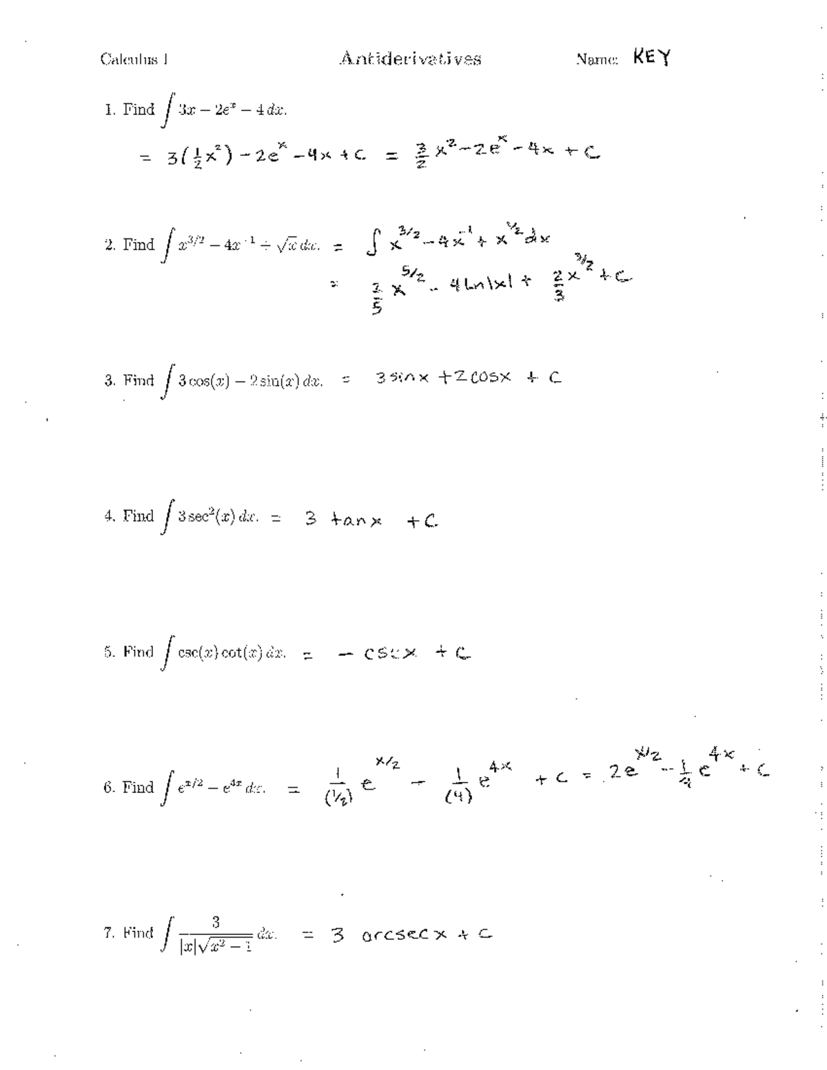 Antiderivatives handout - Caleulus I Antiderivatives Name. KE Y 1. Find ...