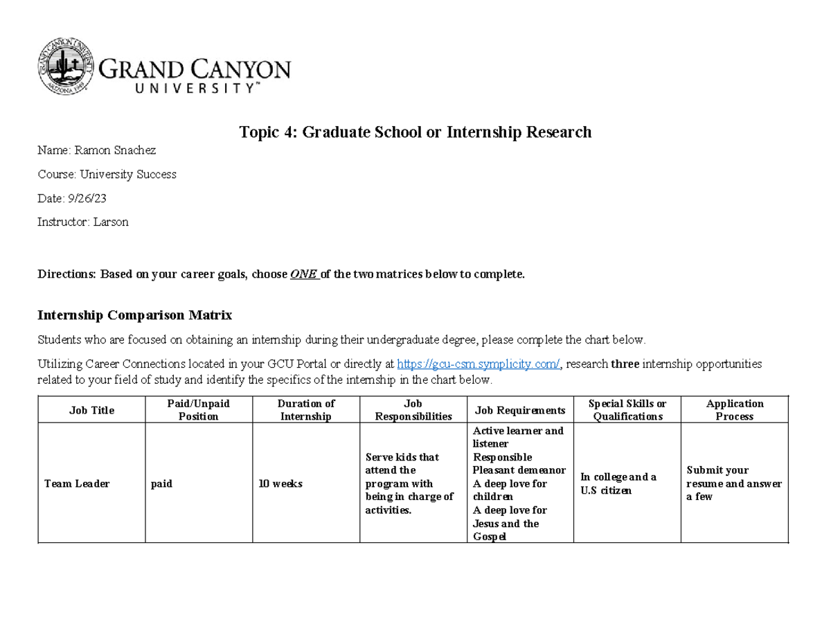 UNV 103 RS T4 Graduate Schoolor Internship Worksheet - Topic 4 ... UNV 103 RS T4 Graduate Schoolor Internship Worksheet - Topic 4 ...