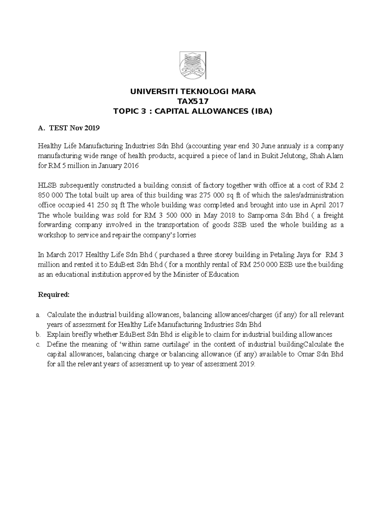 Tutorial Chapter 3 Iba Universiti Teknologi Mara Tax Topic 3 Capital Allowances Iba A