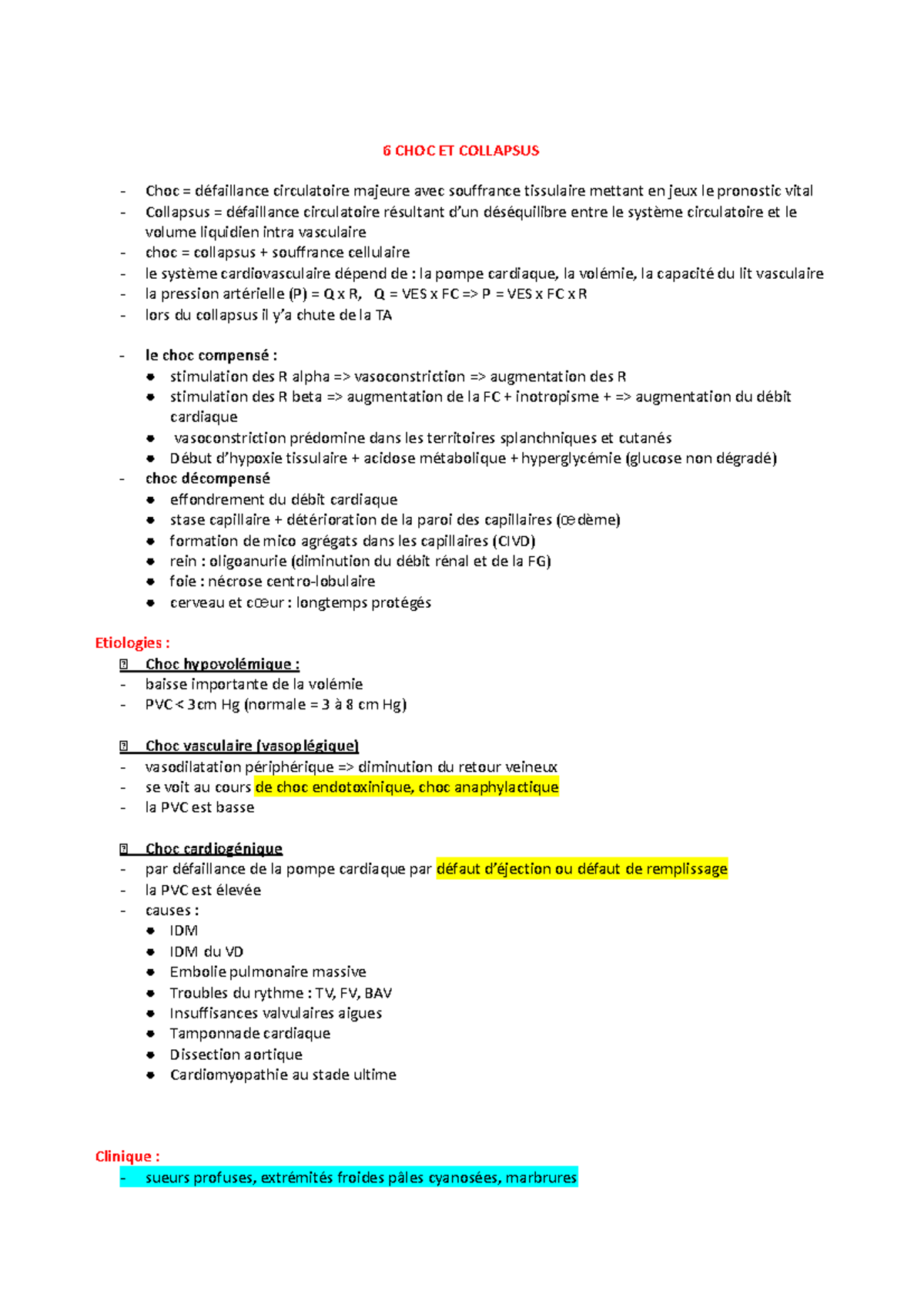 Choc et collapsus - Cours magistraux de la Faculté de Médecine Alger ...