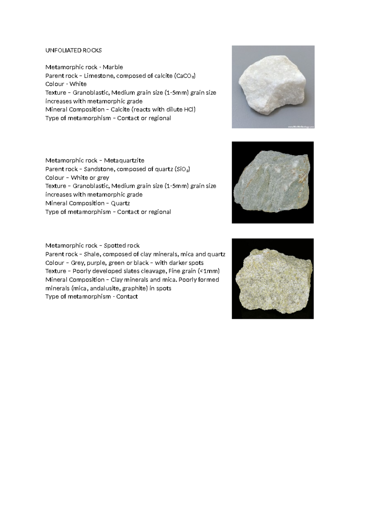 Metamorphic Rocks - UNFOLIATED ROCKS Metamorphic rock - Marble Parent ...