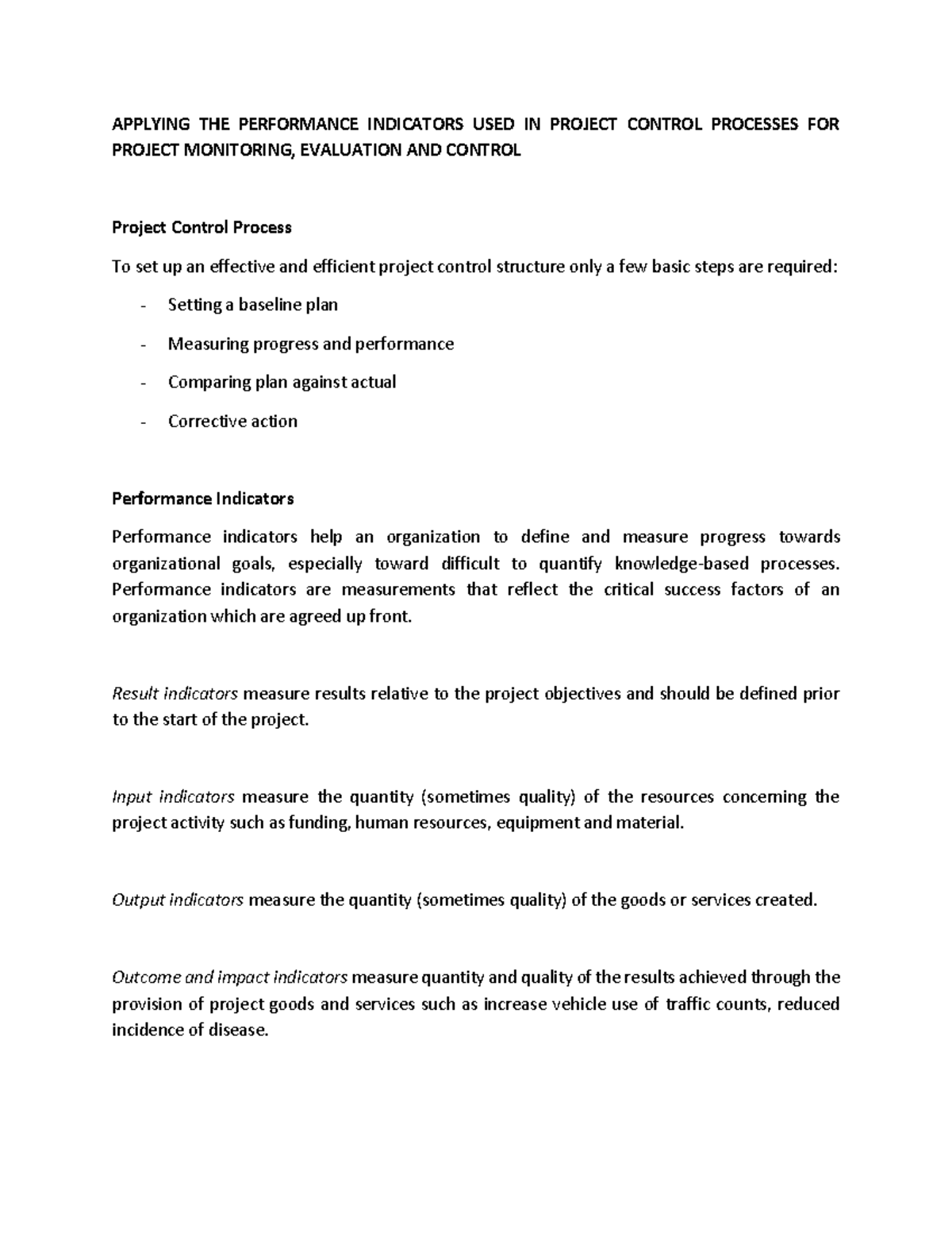 Applying THE Performance Indicators USED IN Project Control Processes ...