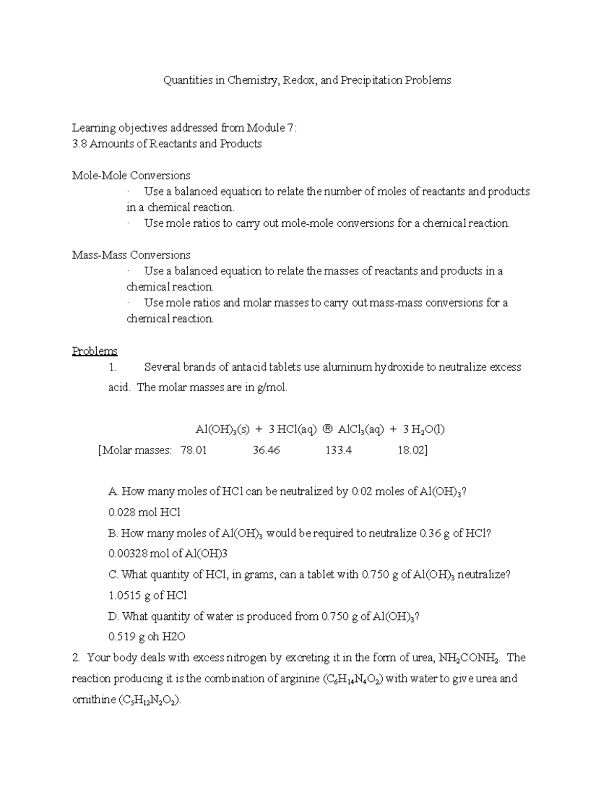 Quantities in Chemistry, Redox, and Precipitation Problems - Deprecated ...