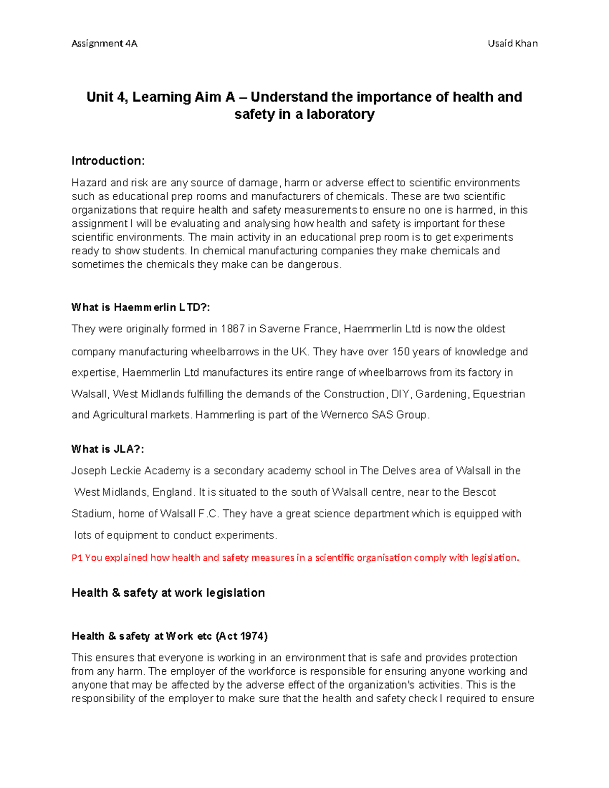 4A - Health & Safety - usaid khan - Final - Unit 4, Learning Aim A – Understand the importance ...