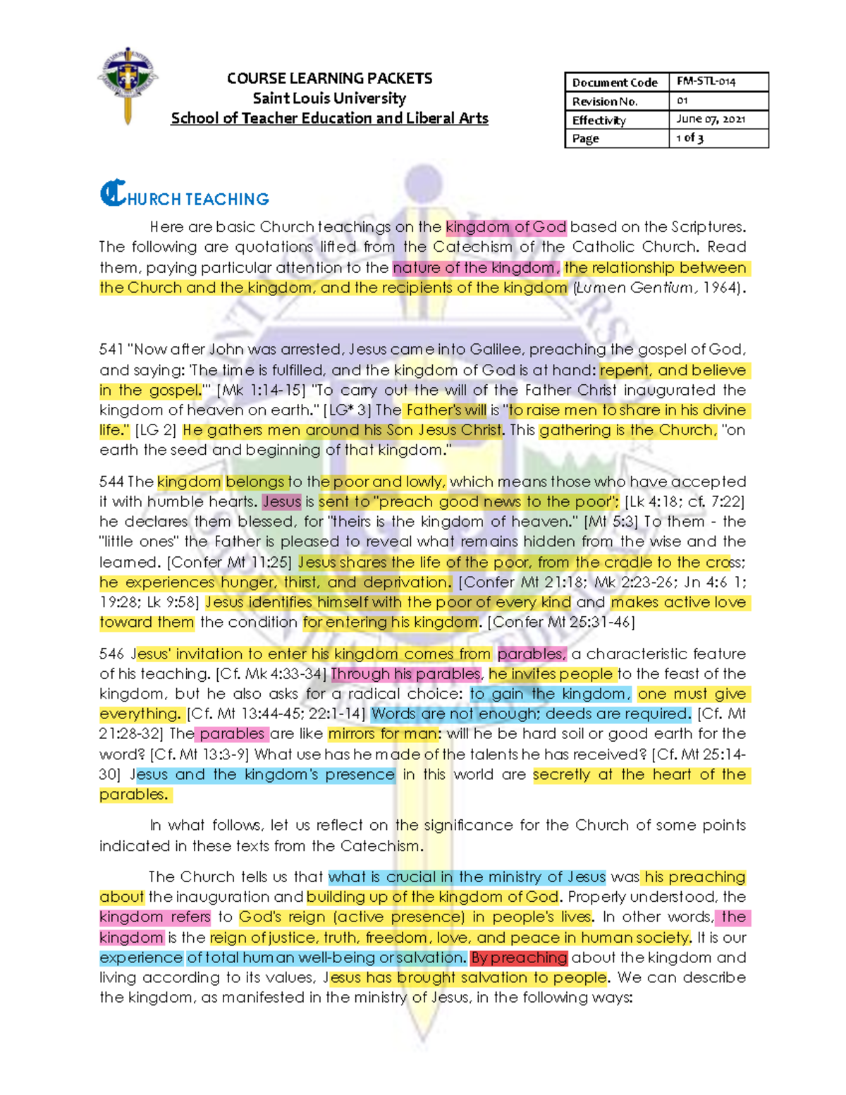 Cfe 1 - foundation of mission - COURSE LEARNING PACKETS Document Code ...