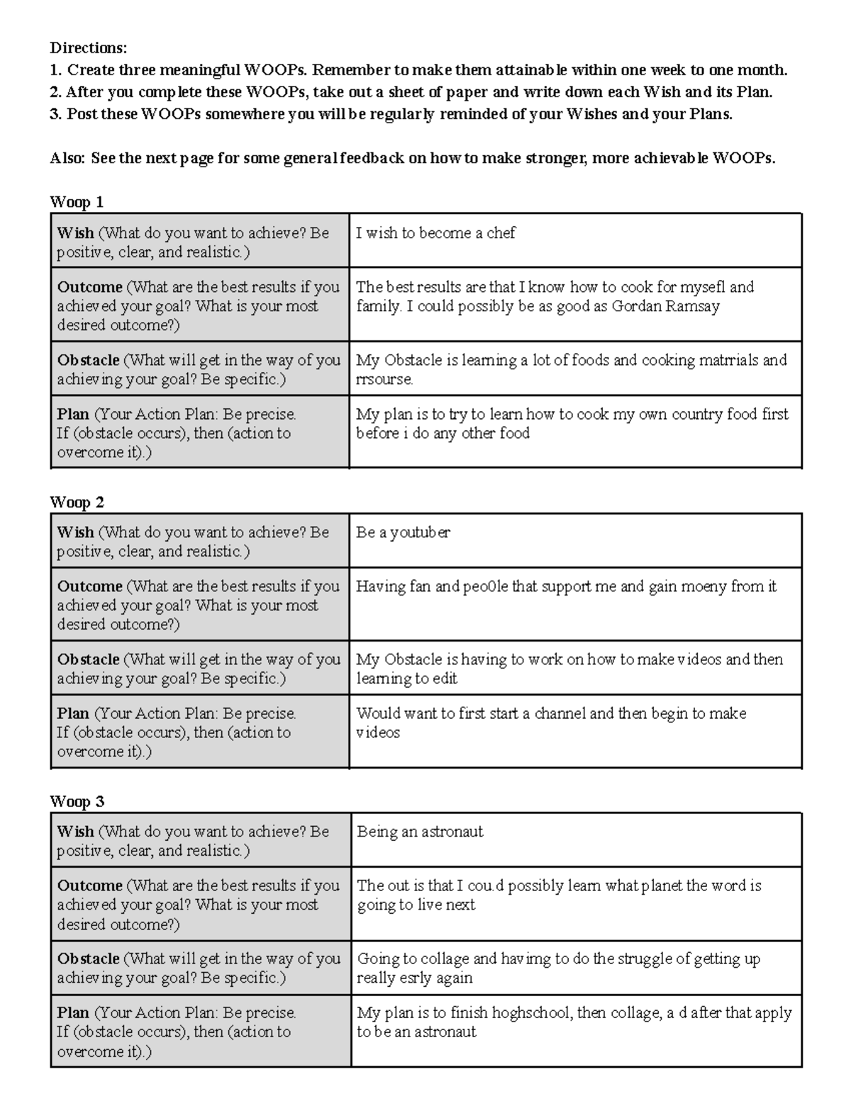 Summative WOOPs - a summation - Directions: Create three meaningful ...