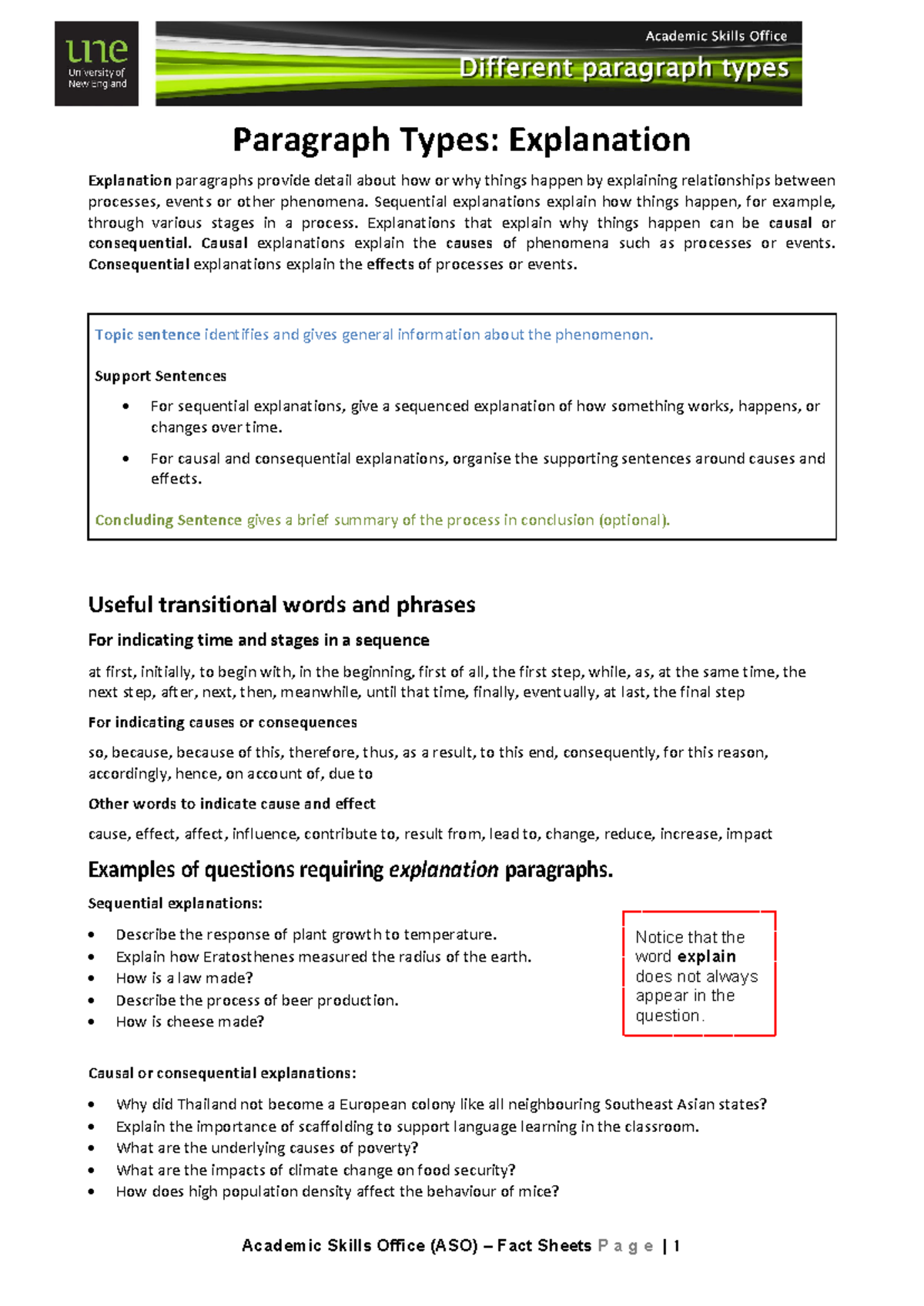 Paragraph-explanation - Academic Skills Office (ASO) – Fact Sheets P a ...