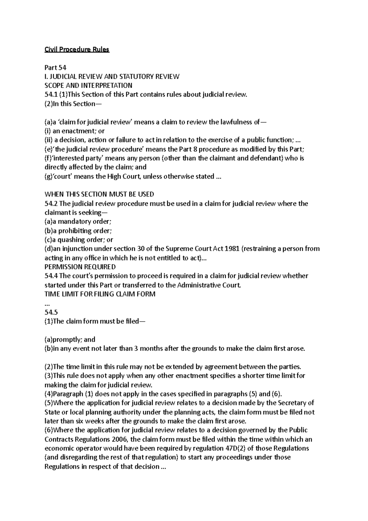 Civil Procedure Rules - Lecture notes 2 - Civil Procedure Rules Part 54 ...