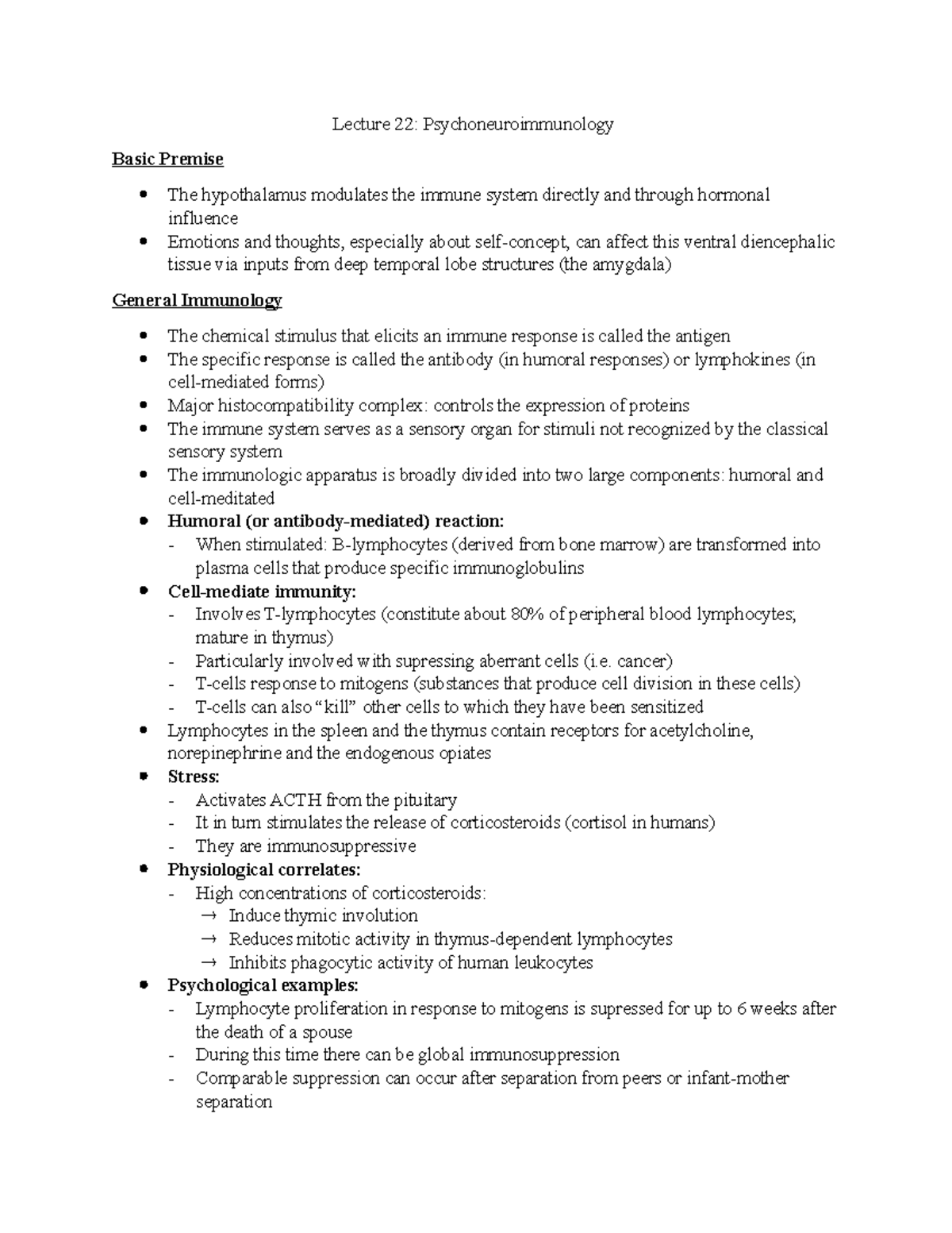 Lecture 22 Notes - Lecture 22: Psychoneuroimmunology Basic Premise The ...