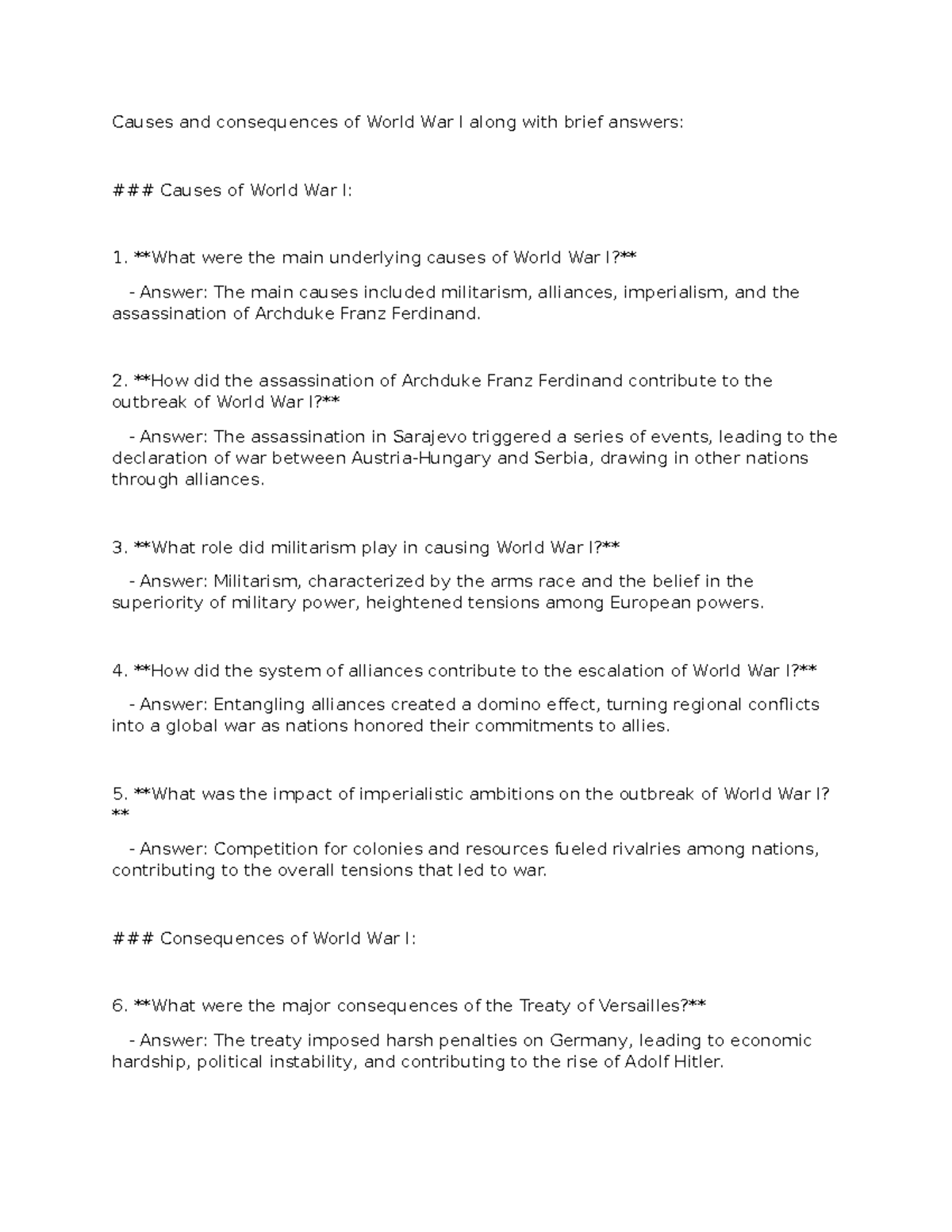 WW1 - WW1 - Causes and consequences of World War I along with brief ...