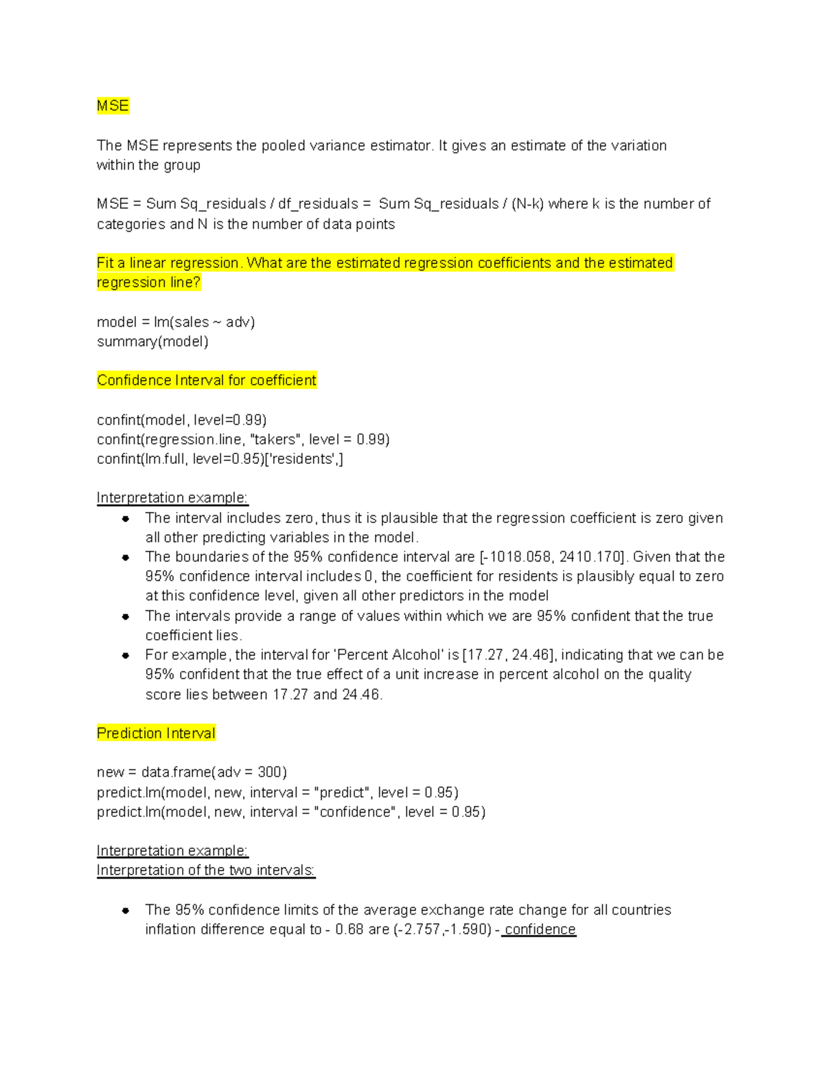 Midterm 1 notes - MSE The MSE represents the pooled variance estimator ...