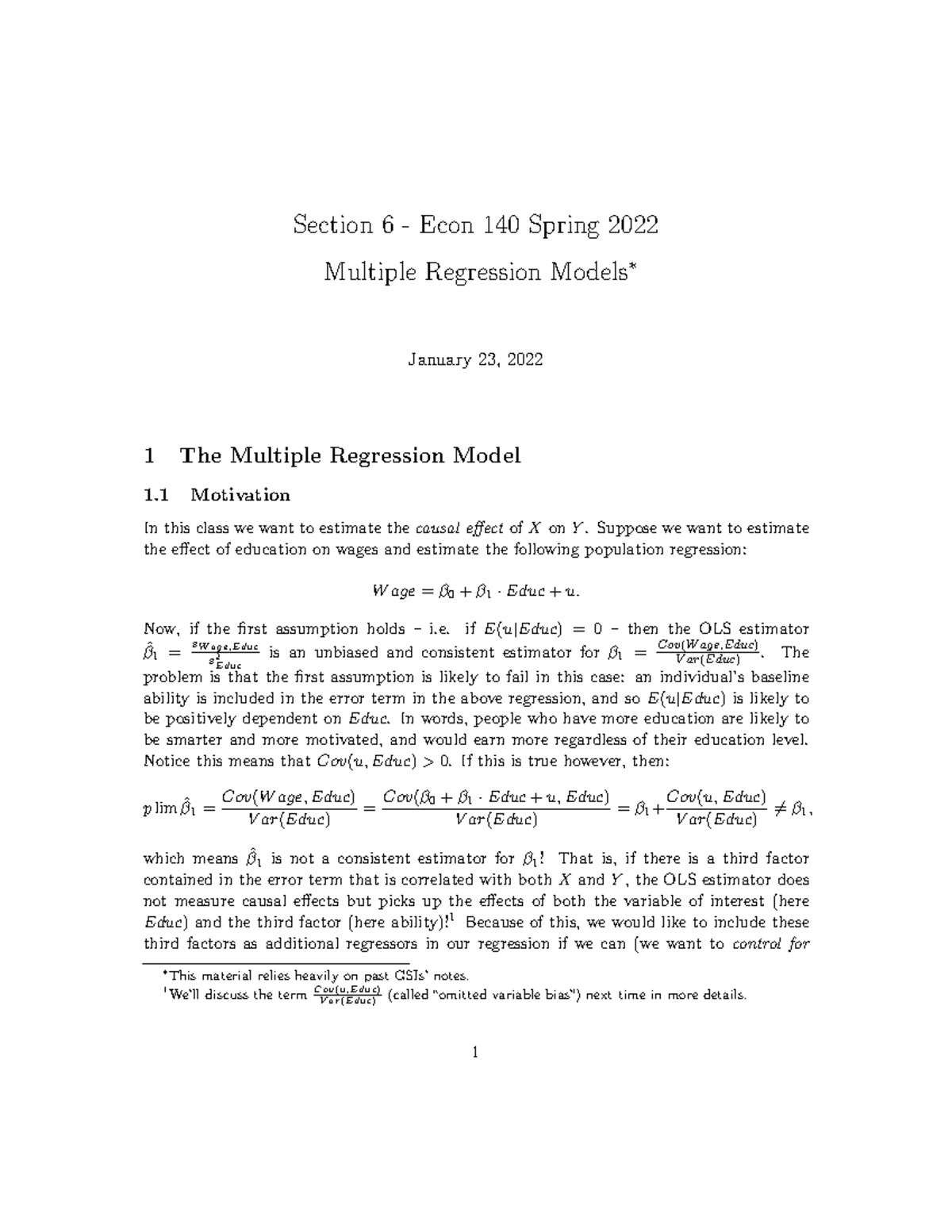 Section 6 Spring 2022 - Section 6 Econ 140 Spring 2022 Multiple ...