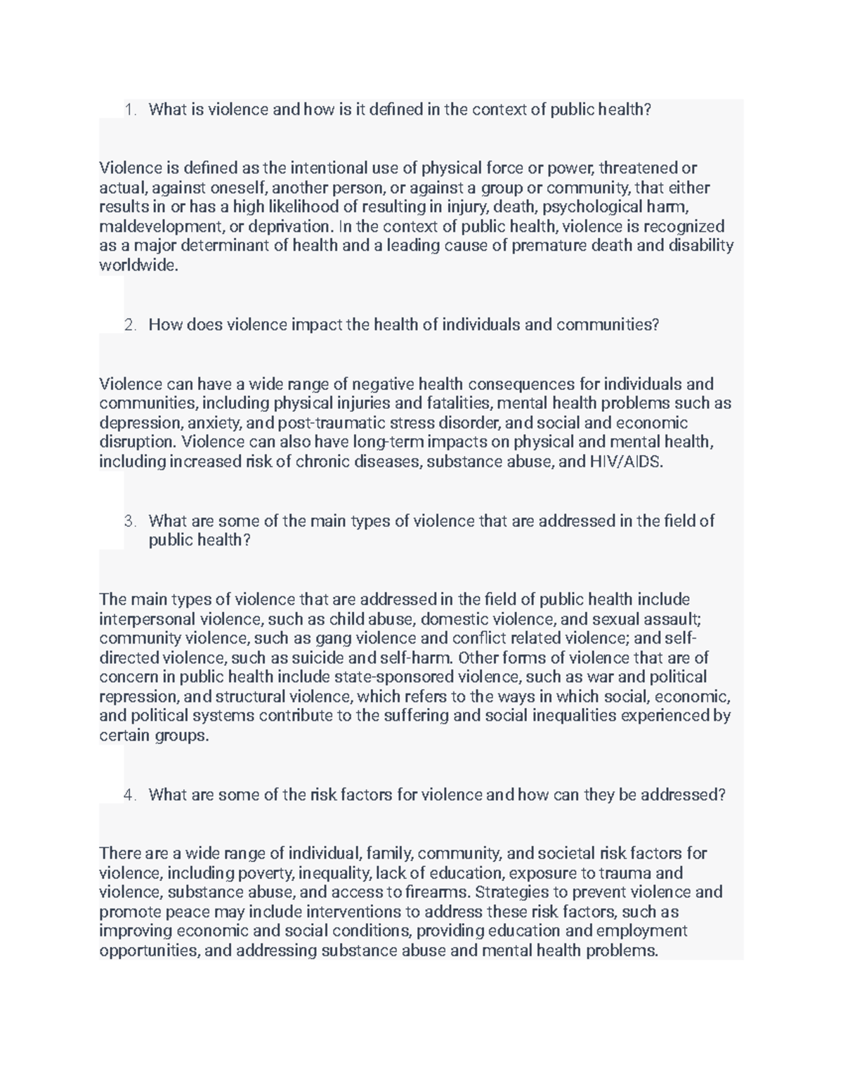 HW q a- Violence as a Public Health Issue - What is violence and how is ...