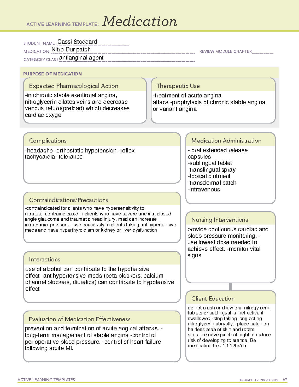 Nitro Dur Patch - ATI template - ACTIVE LEARNING TEMPLATES TherapeuTic ...