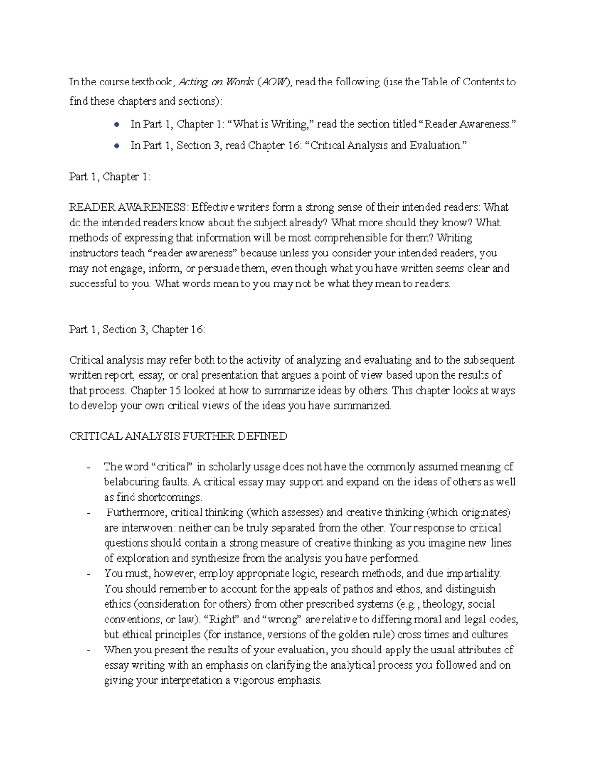 ENG 225 - Unit 2 - unit 2 notes - In the course textbook, Acting on ...