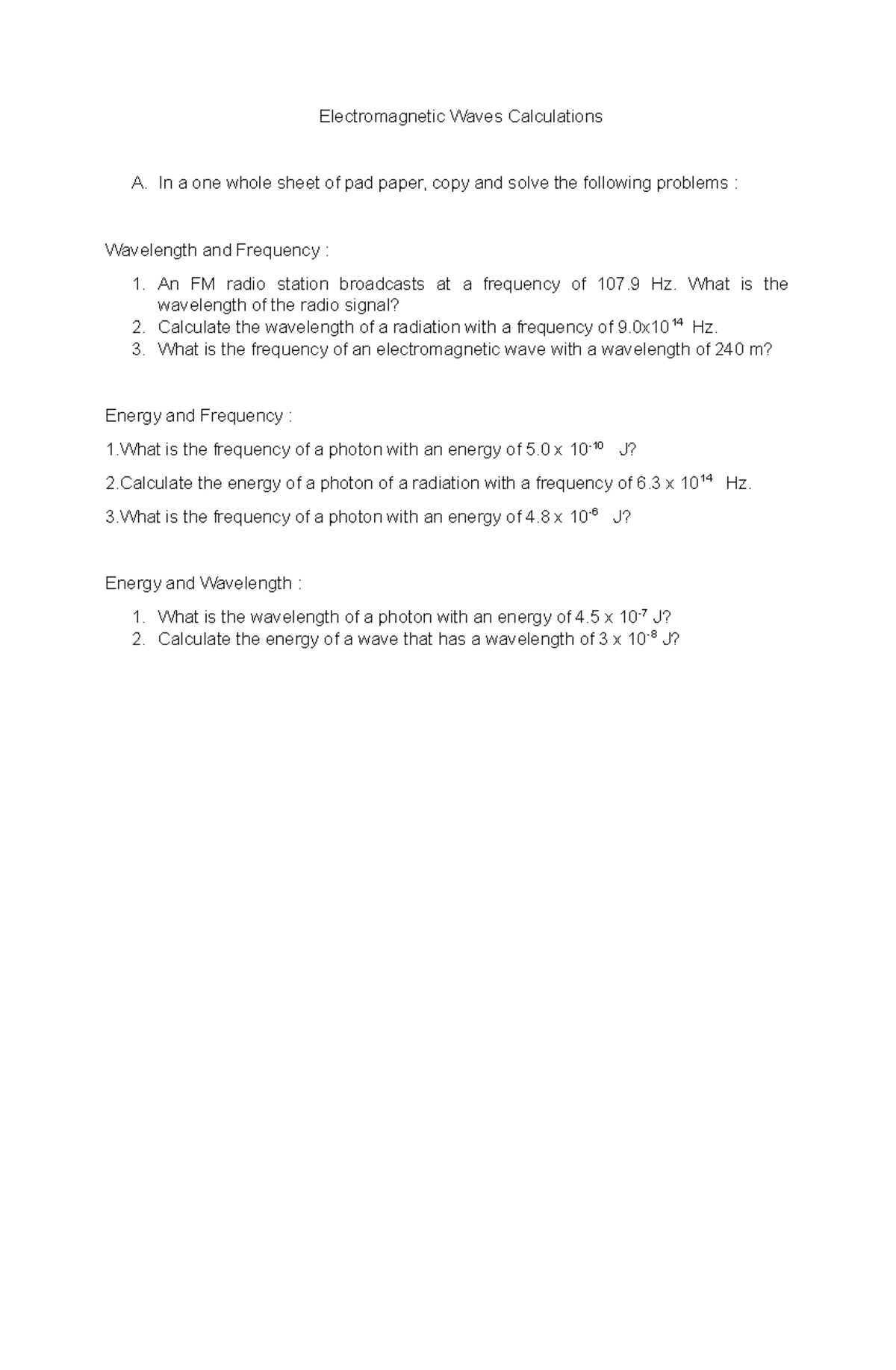 Waves - In a one whole sheet of pad paper, copy and solve the following ...