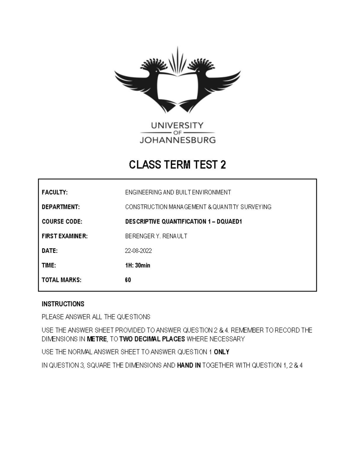 Test 1 - Assessment on substructure/foundation measurement - CLASS TERM ...