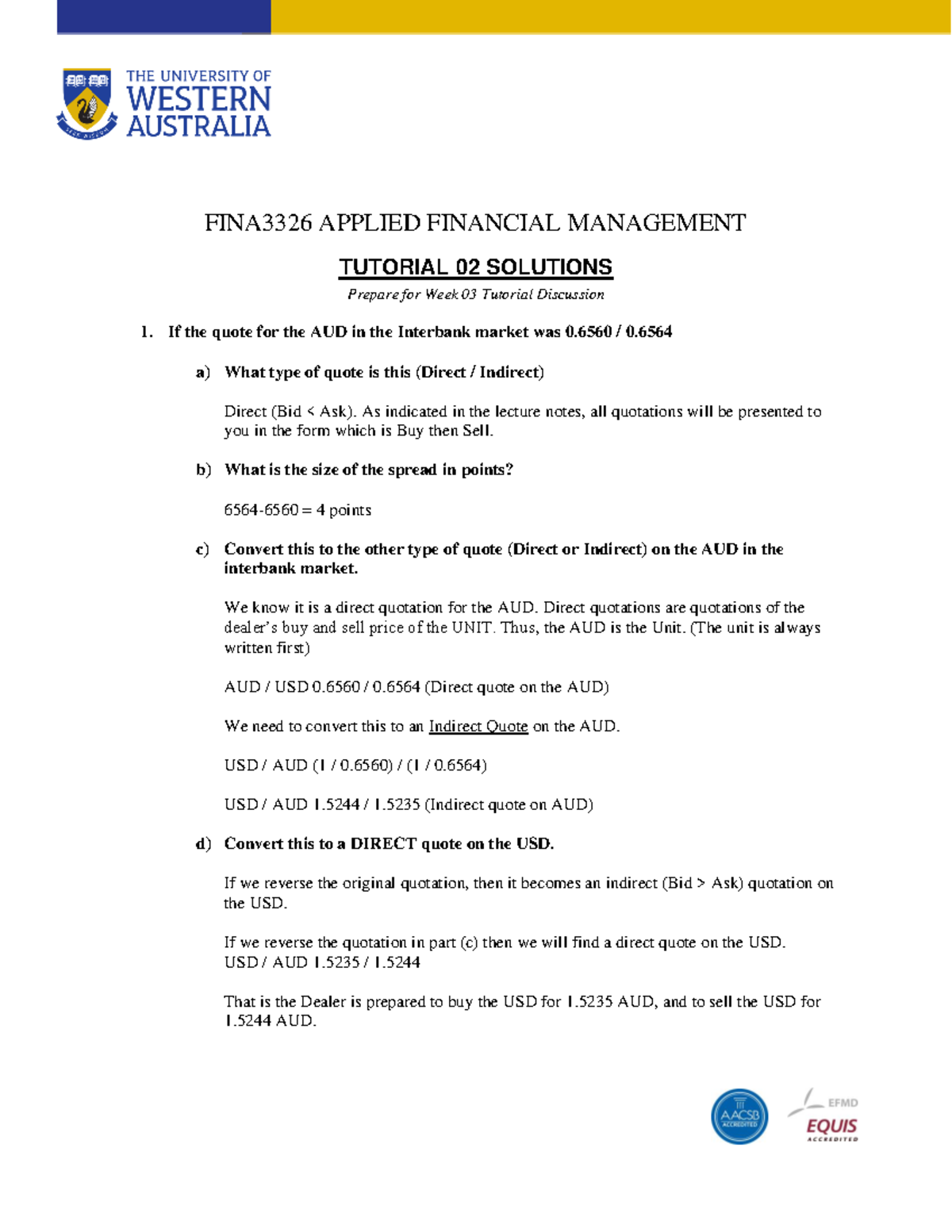 Tutorial Solutions 02 2024 - FINA3326 APPLIED FINANCIAL MANAGEMENT ...