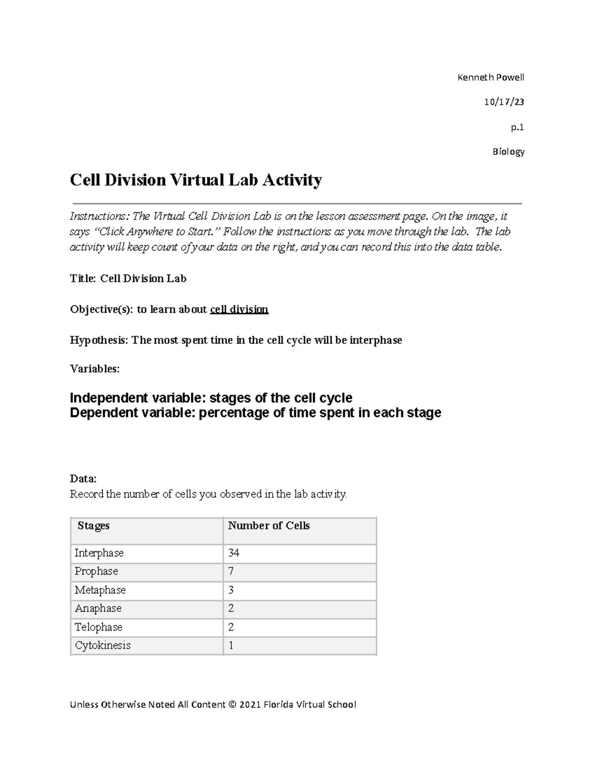 03 01 virtual cell division lab report Answer Key - Kenneth Powell 10/17/ p. Biology Cell ...