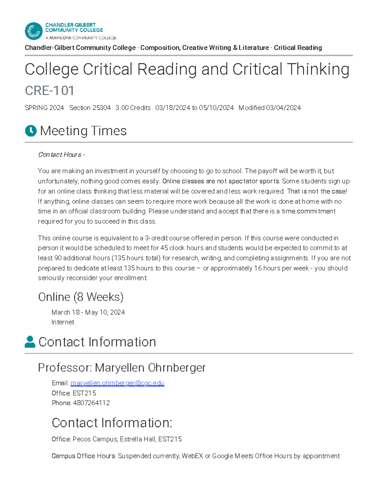 College Critical Reading and Critical Thinking CRE 101 Spring 2024 ...