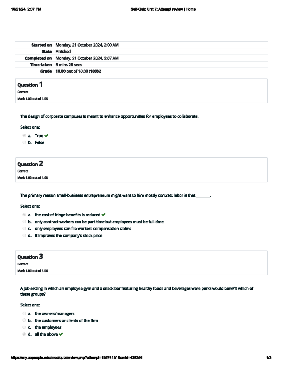 Self Quiz Unit 7 - Answers - 2:07 PM Unit 7: Attempt review I Home Started on Monday, 21 October ...