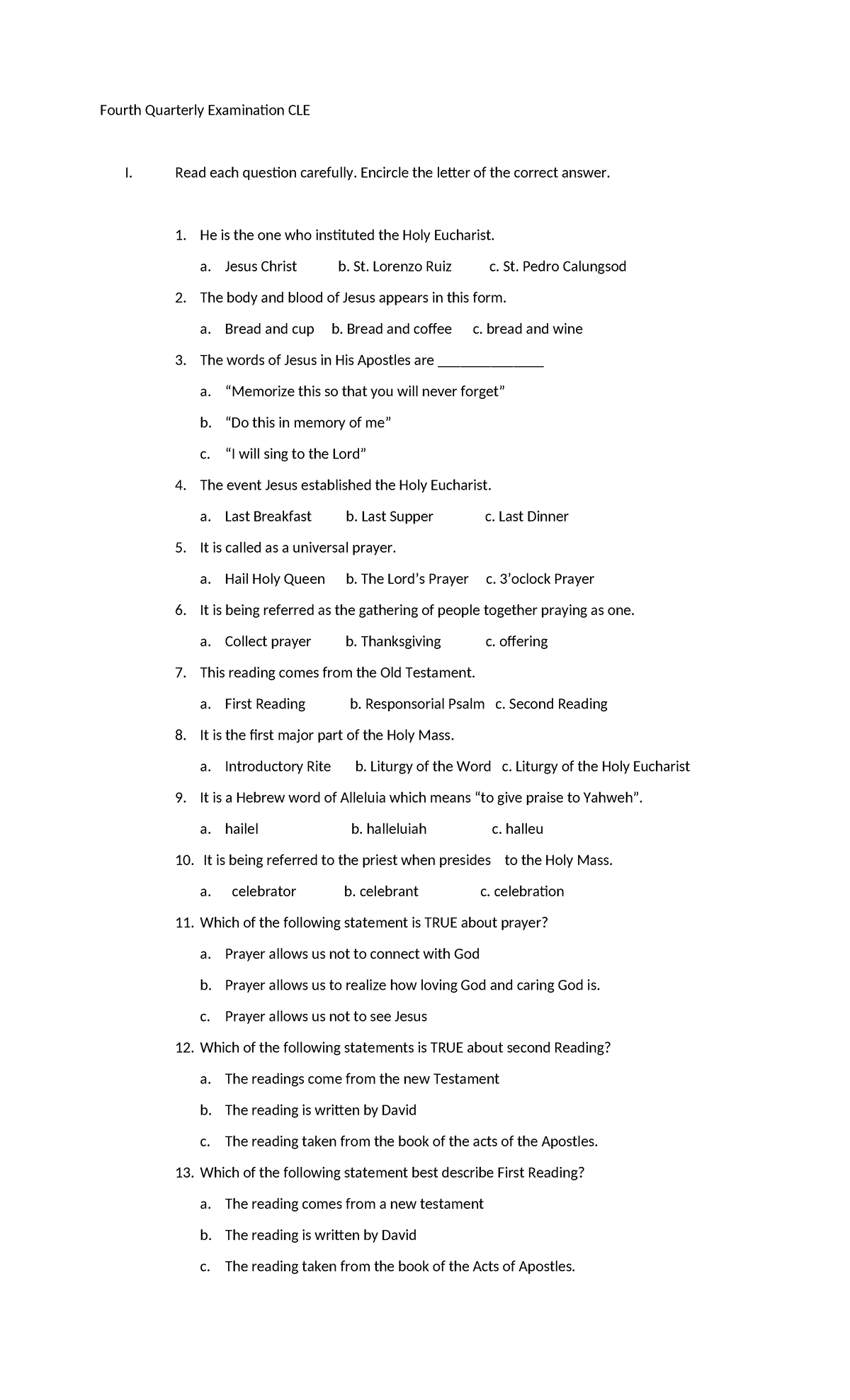 Fourth Quarterly Examination Christian Life Education - Fourth ...