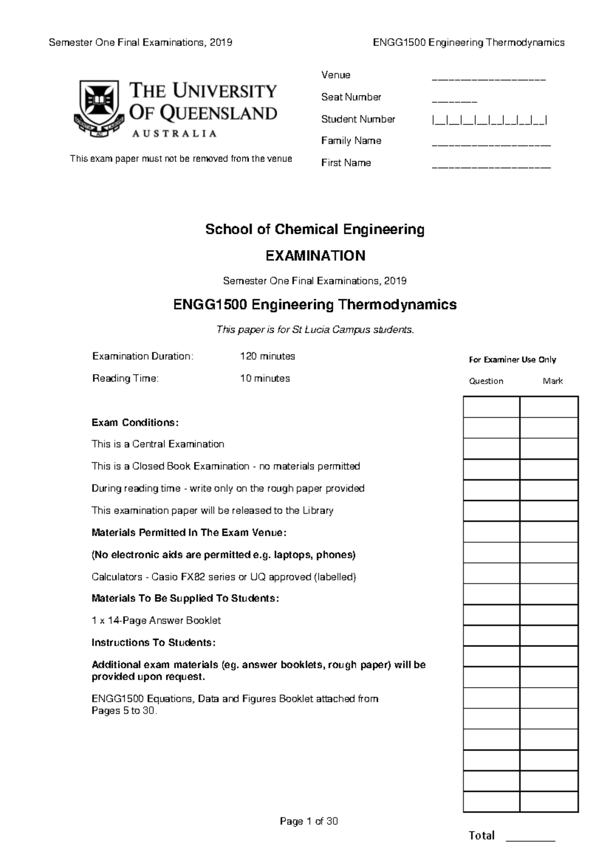 Semester One Final Examinations 2019 ENGG1500 - Page 1 of 30 This exam ...