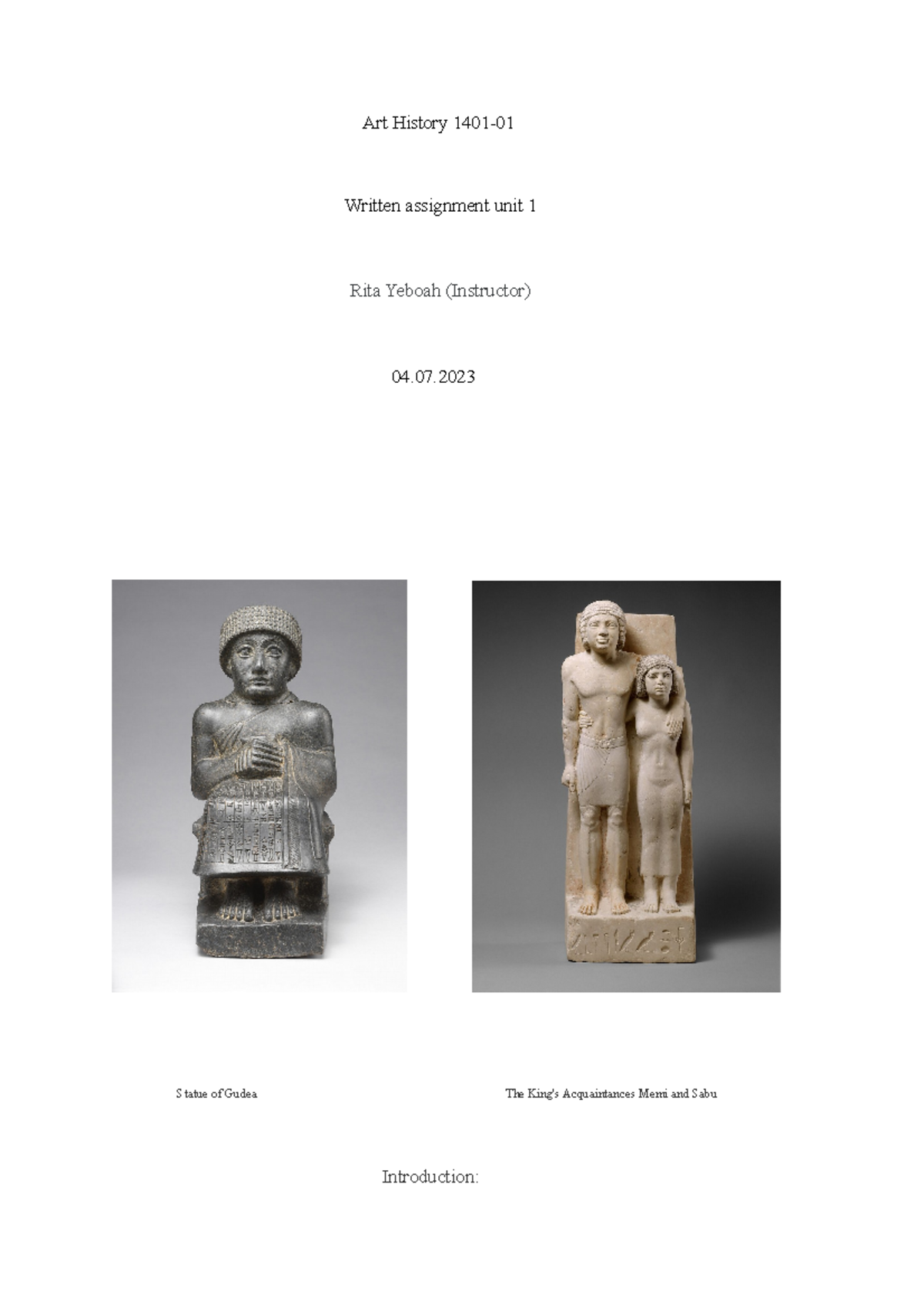 Comparison of Statue of Memi and Sabu and Seated Statue of Gudea - Studocu