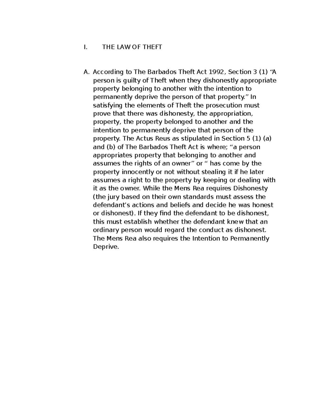 Criminal Summary 2 - I. THE LAW OF THEFT A. According to The Barbados ...
