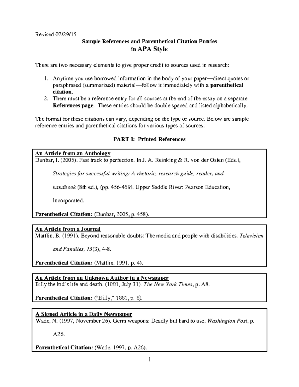 APA Citations Handout - Revised 07/29/ Sample References and ...