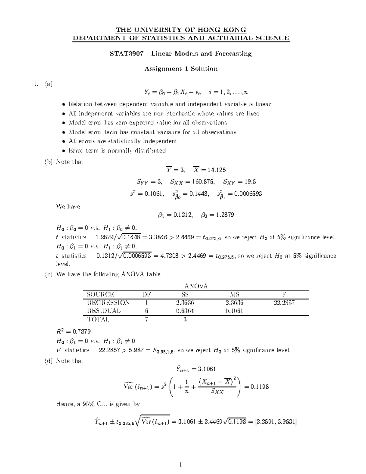 Assignment 1 Solution - THE UNIVERSITY OF HONG KONG DEPARTMENT OF STATISTICS AND ACTUARIAL ...