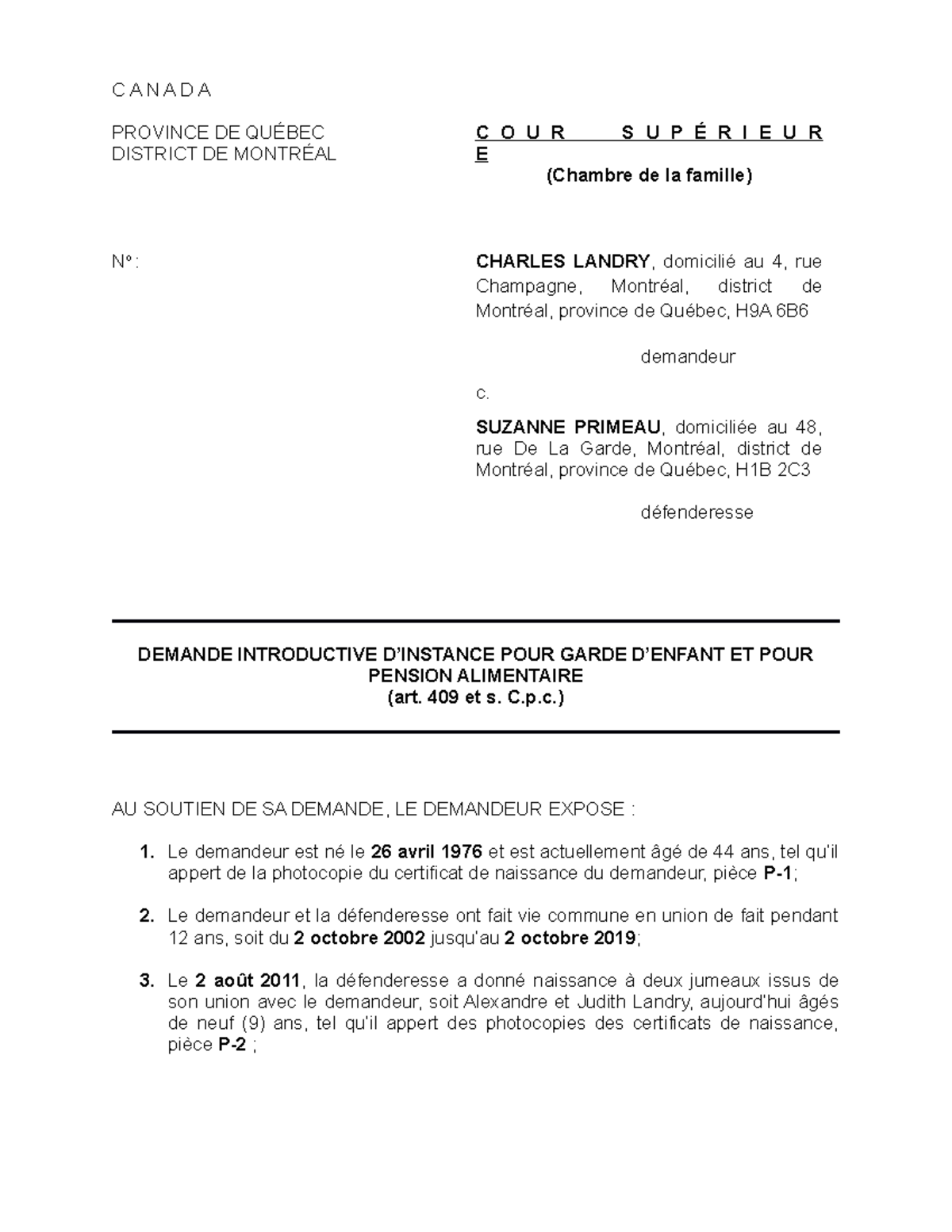 Rédaction - Jour 40 (exemple 1) - C A N A D A PROVINCE DE QUÉBEC ...