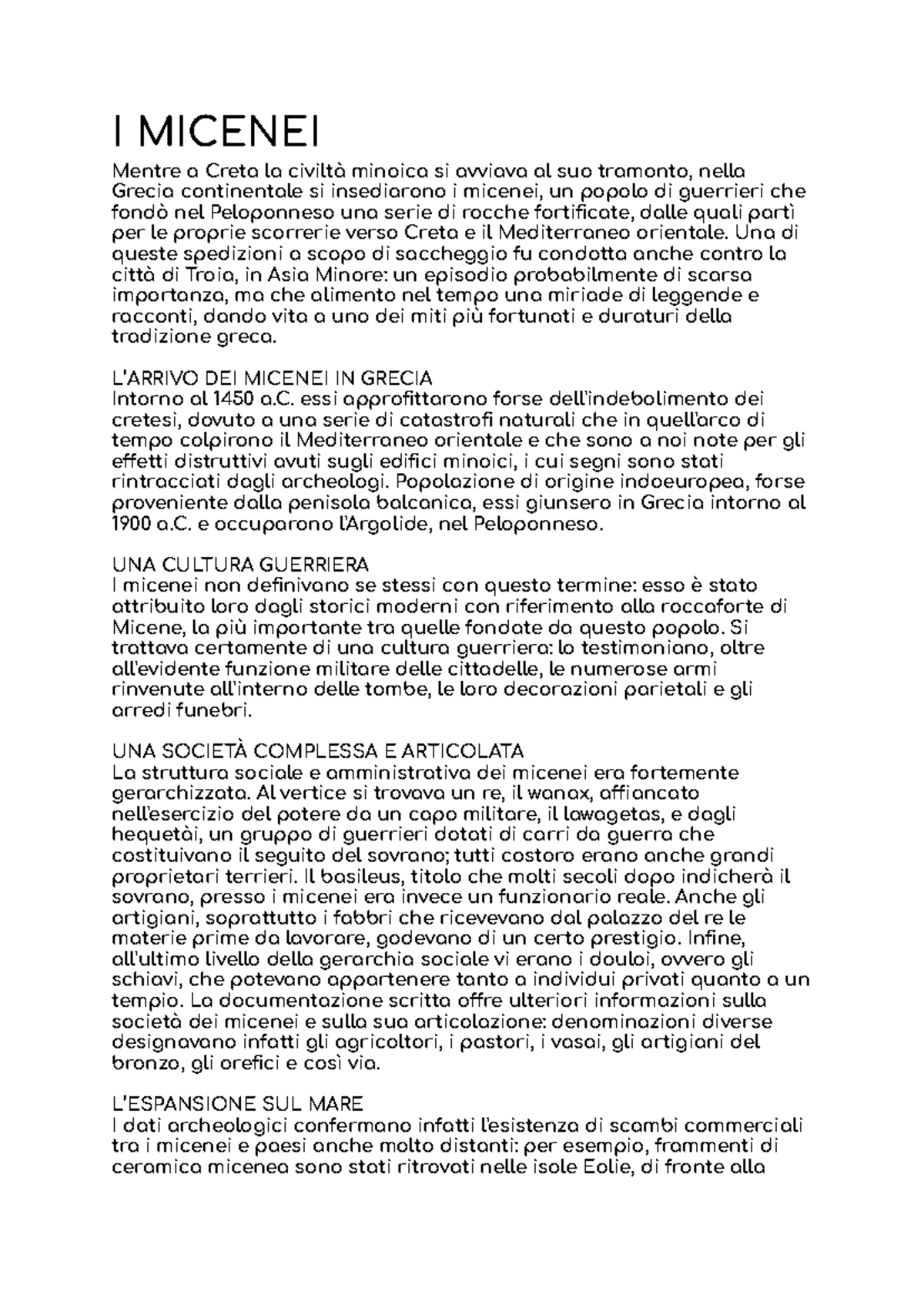 1.9 I Micenei - I MICENEI Mentre a Creta la civiltà minoica si avviava al suo tramonto, nella ...