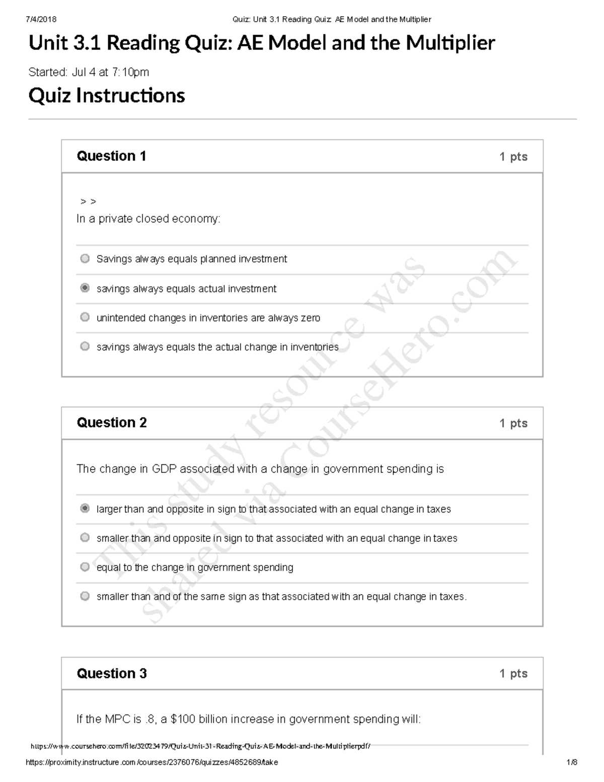 Quiz Unit 3 - Quiz materials - Unit 3 Reading Quiz: AE Model and the ...